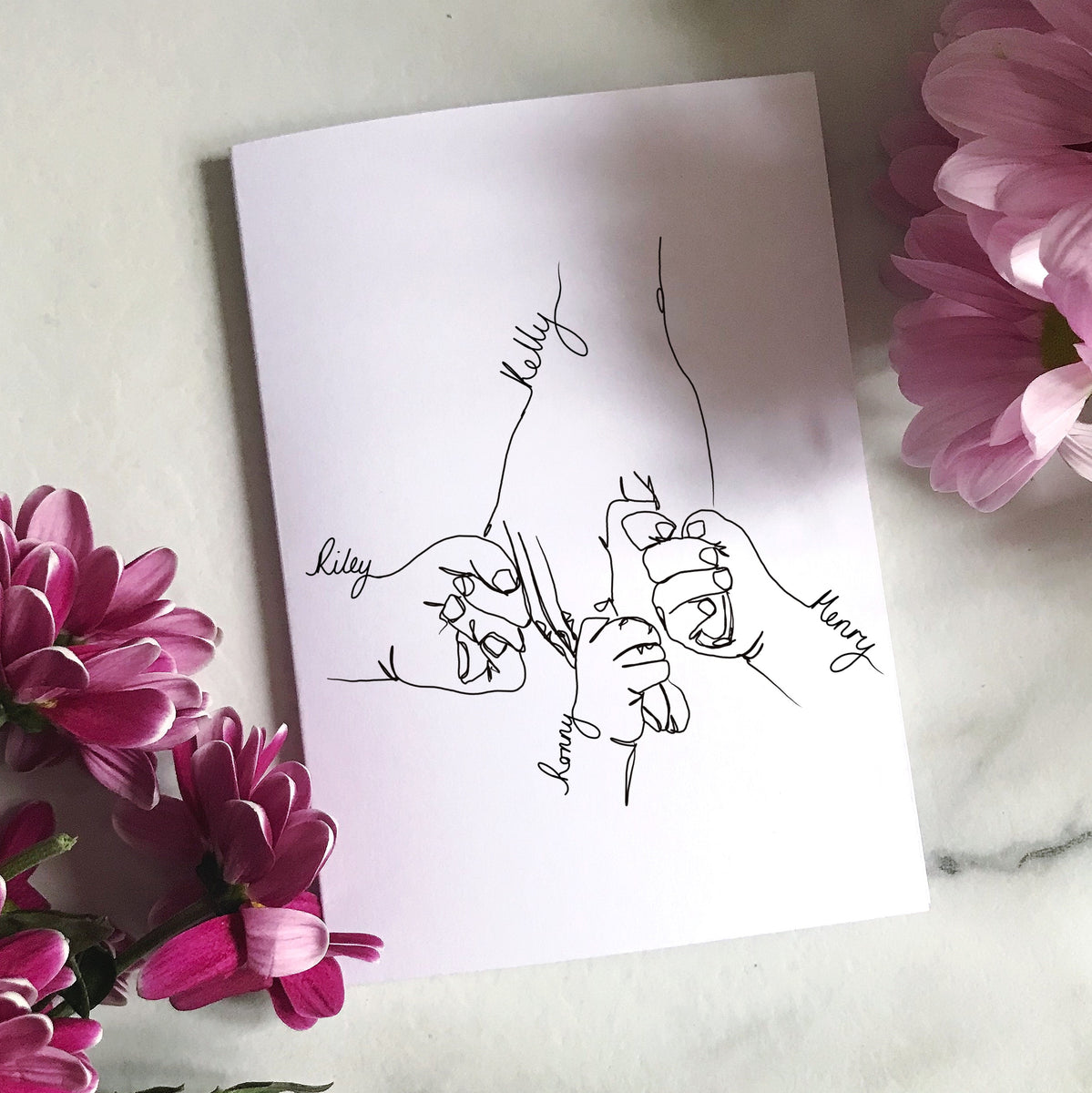 Adult and 3 Children Personalised Line Drawing CARD – Gem Pang Illustration