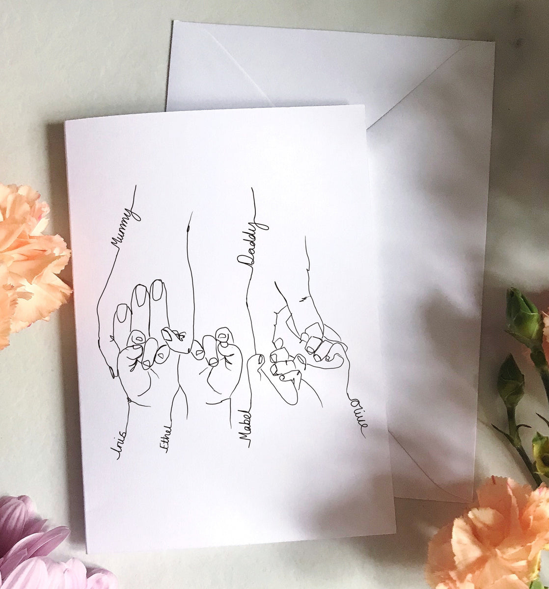 2 Adults and 4 Children Personalised Line Drawing CARD – Gem Pang ...